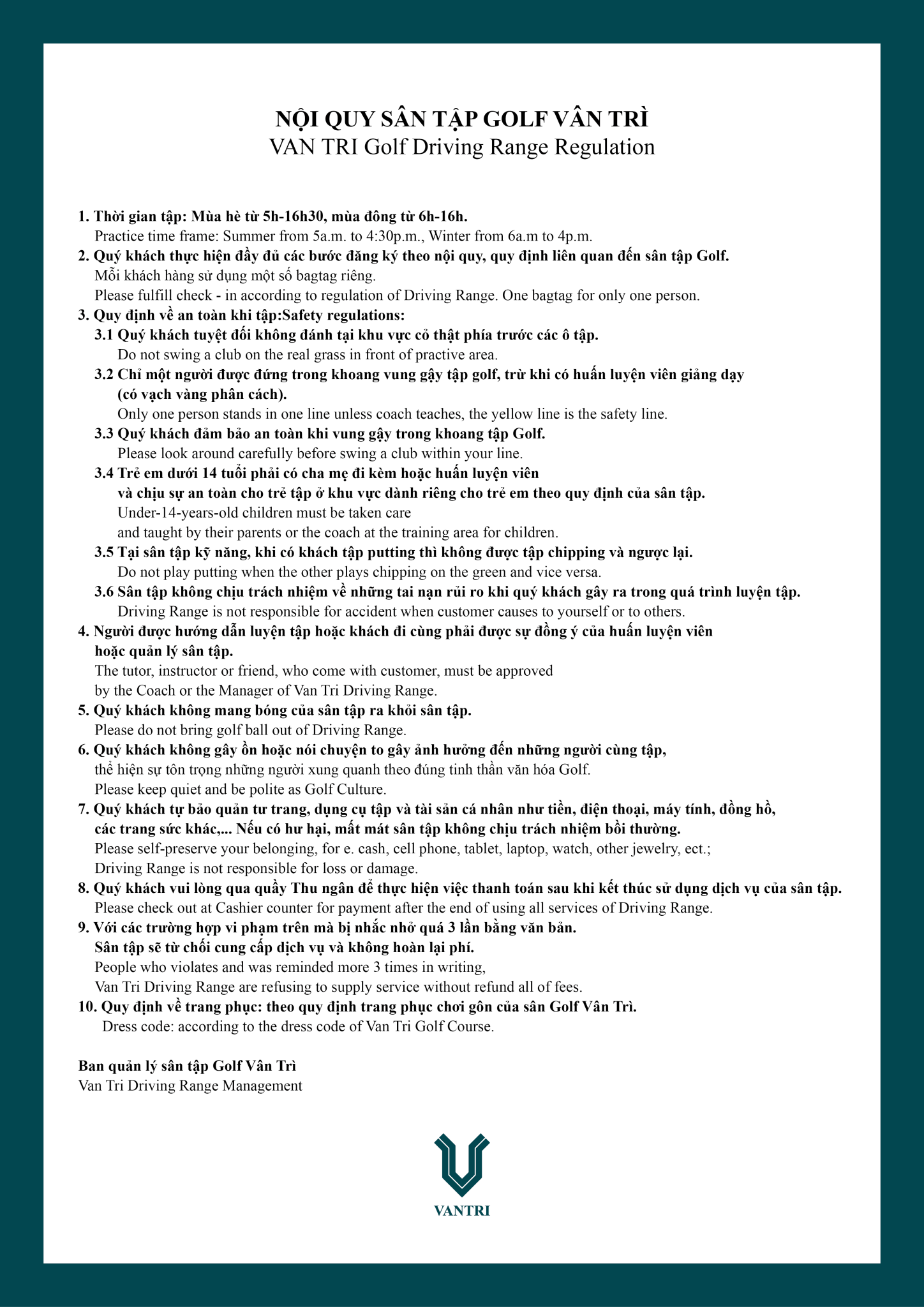 NỘI QUY SÂN TẬP GOLF VÂN TRÌ - Van Tri Golf Club